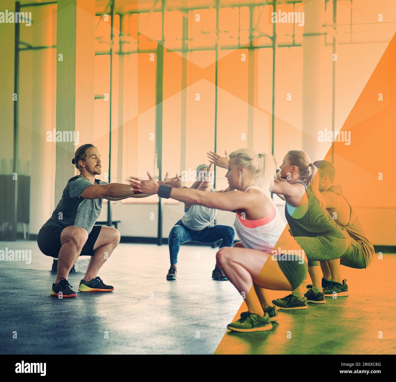 Personal trainer, fitness and people at gym for squat exercise, workout ...