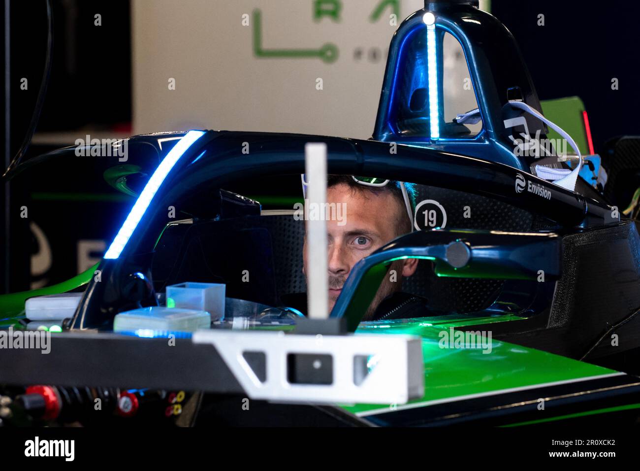 A Envision Racing Team mecanic works on the car of Nick Cassidy during ...