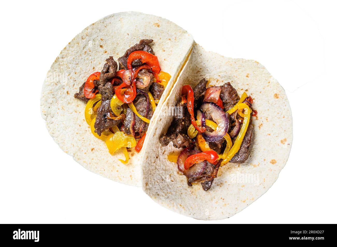 Fajitas with beef meat stripes, colored bell pepper and onions, served ...