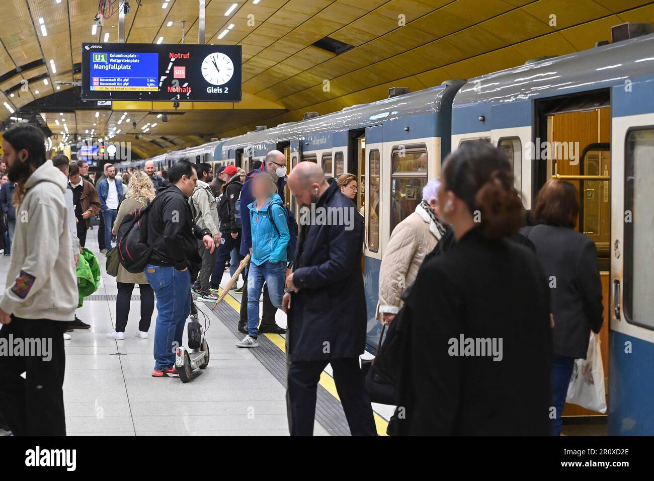 Incoming subway in Munich, train, train. Commuters, local public ...