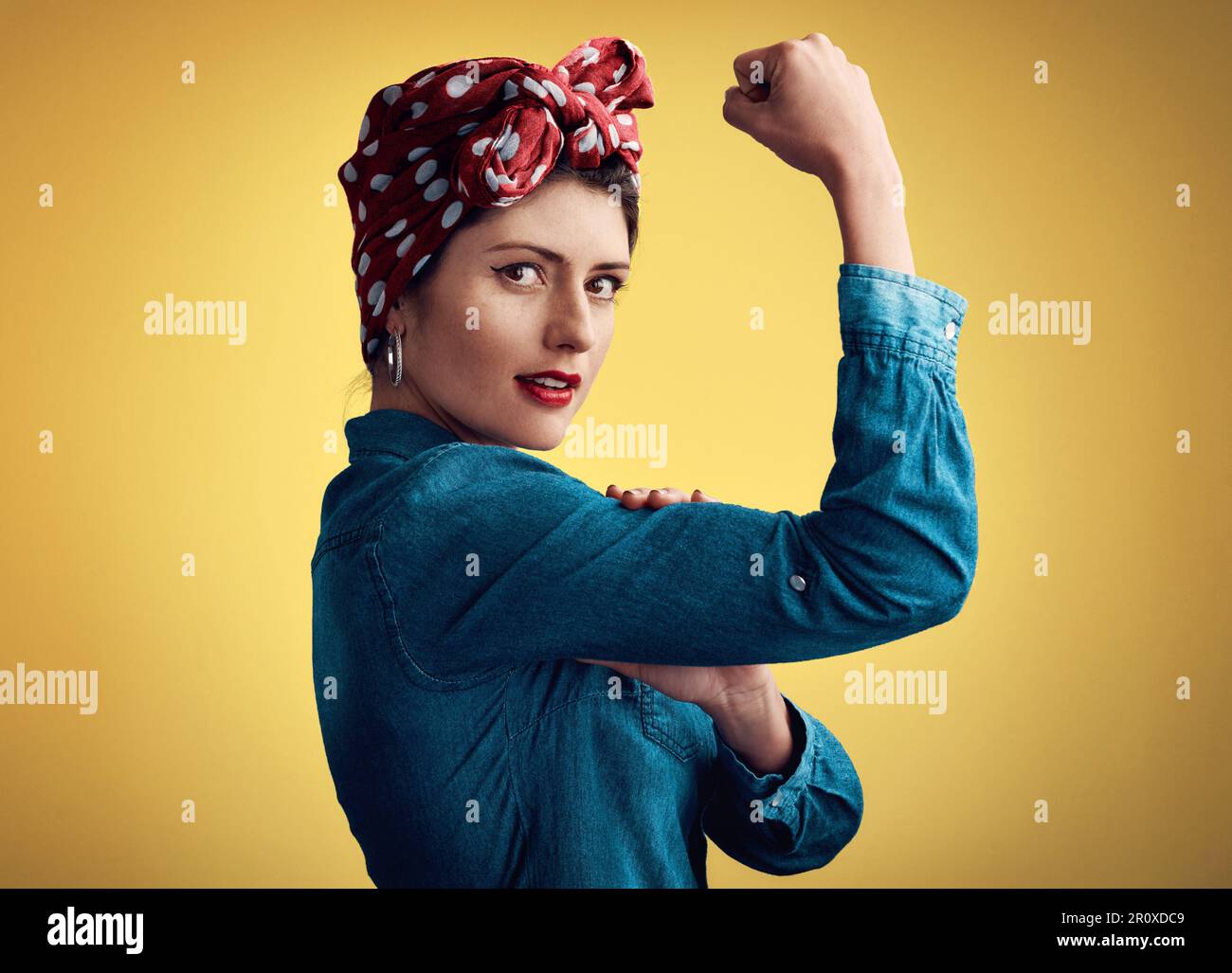 Woman, strong and flexing muscle portrait of a pinup girl in studio for ...