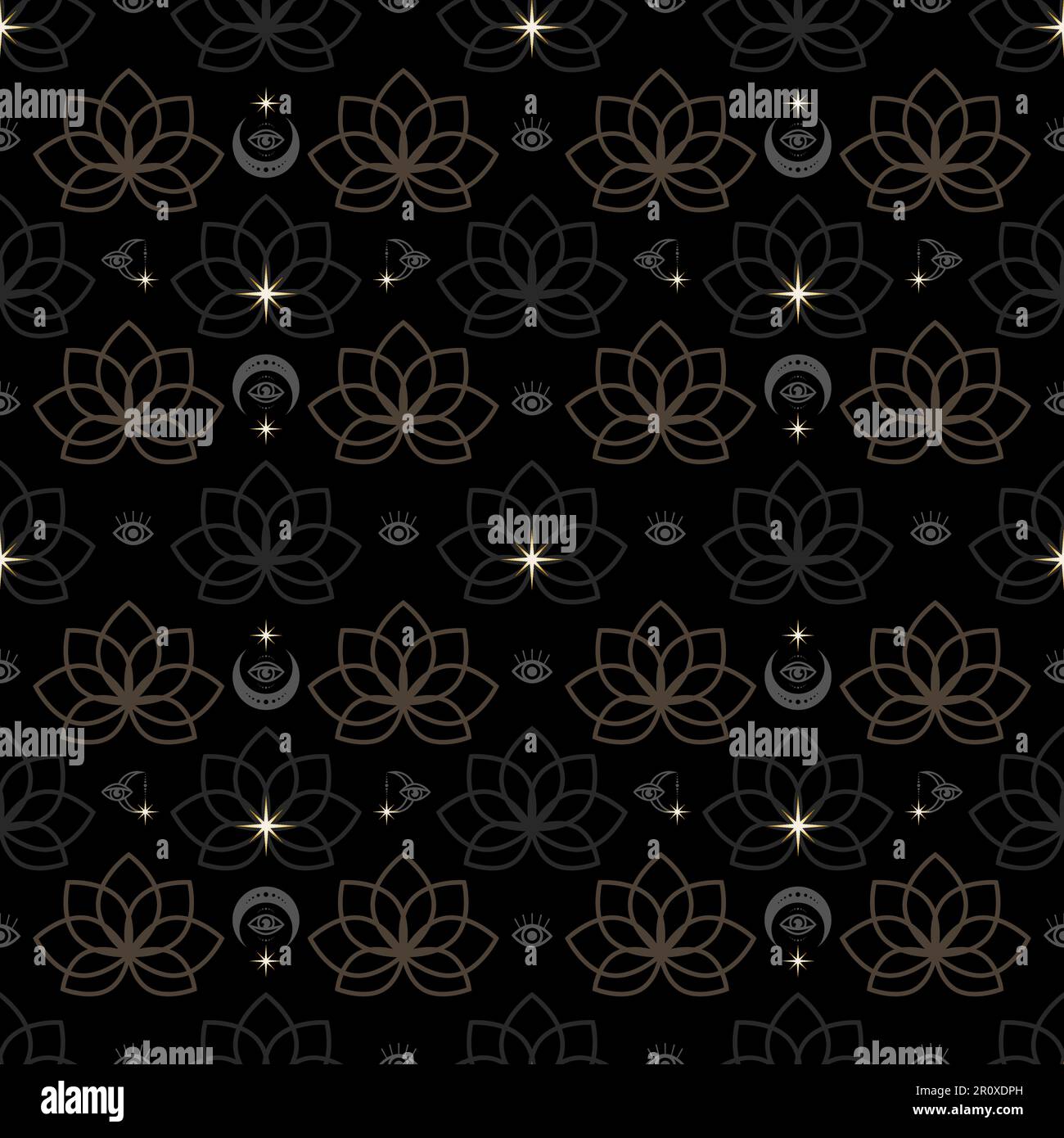 Lotus flower and esoteric symbols moon golden stars seamless pattern on ...