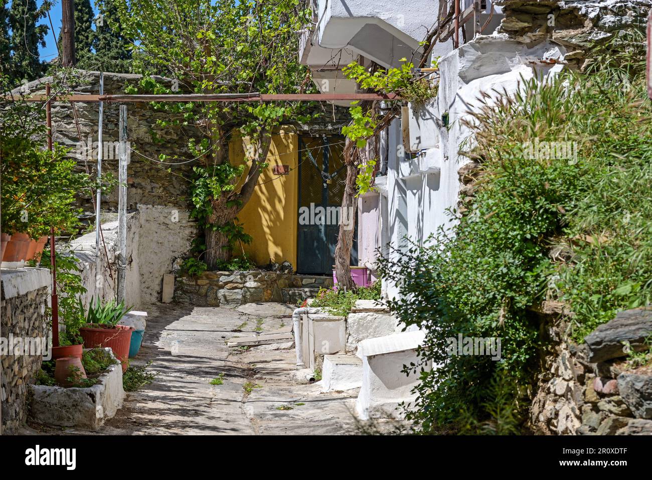 Narrow backyard in Ani Poli, the historic upper old town of Thessaloniki in Greece, decoration ...