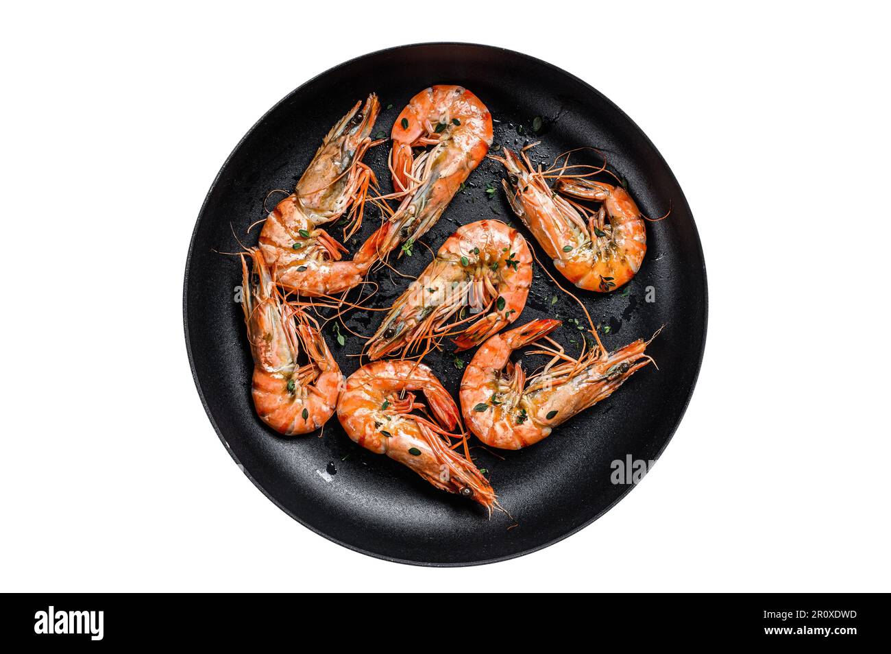 Fried giant tiger shrimps Prawns in a pan. Isolated on white background ...