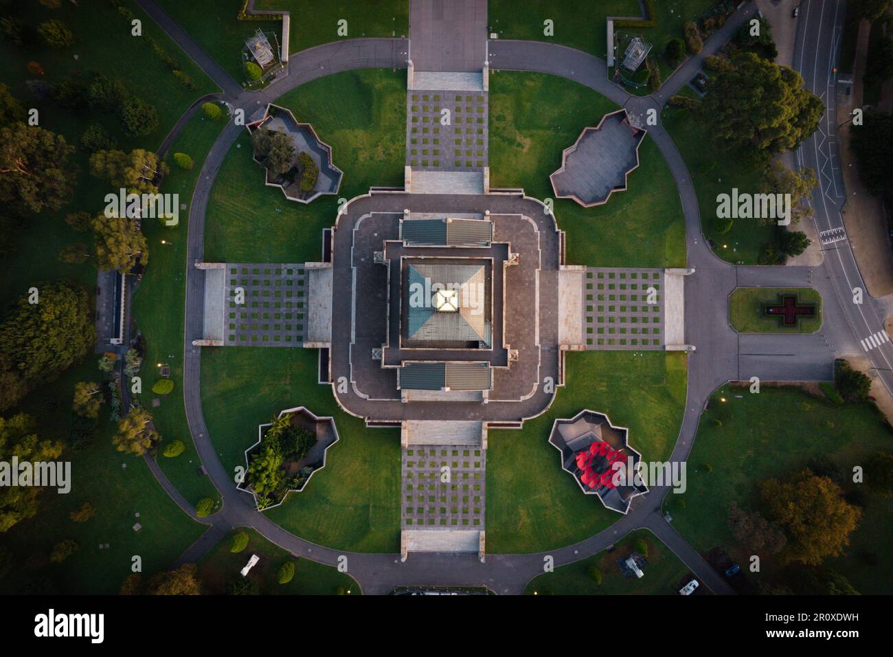 An aerial view of square shrine with symmetrical gardens and pathways ...