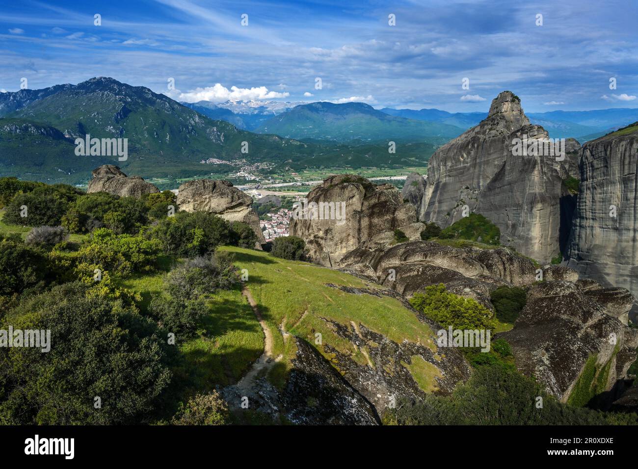 View from the Meteora rocks over the village Kalambaka in the valley to ...