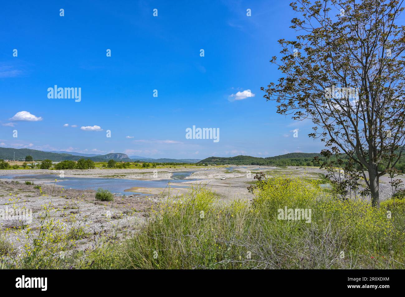 Dried up riverbed of the Pinios near Kalambaka in Thessaly, Greece, low ...
