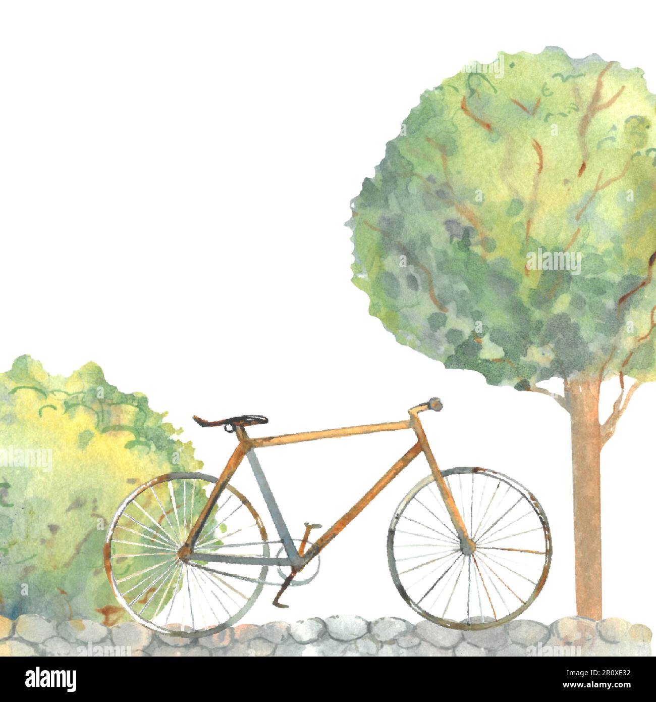 isolated illustration painted in watercolor, paving stones, bush, tree ...