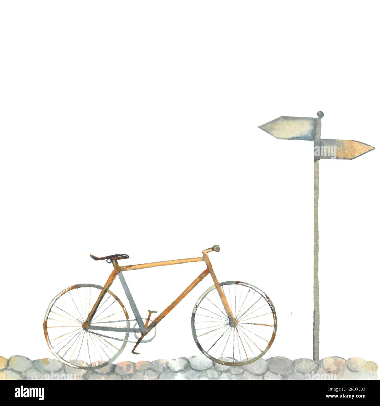 isolated illustration painted in watercolor, paving stones, bush, tree ...