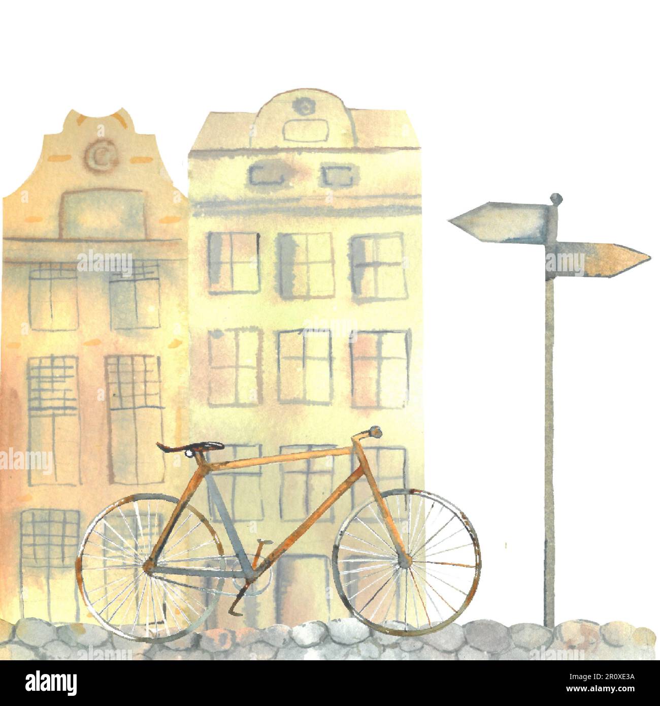 isolated illustration drawn by watercolor, pavers, bike, pointer ...