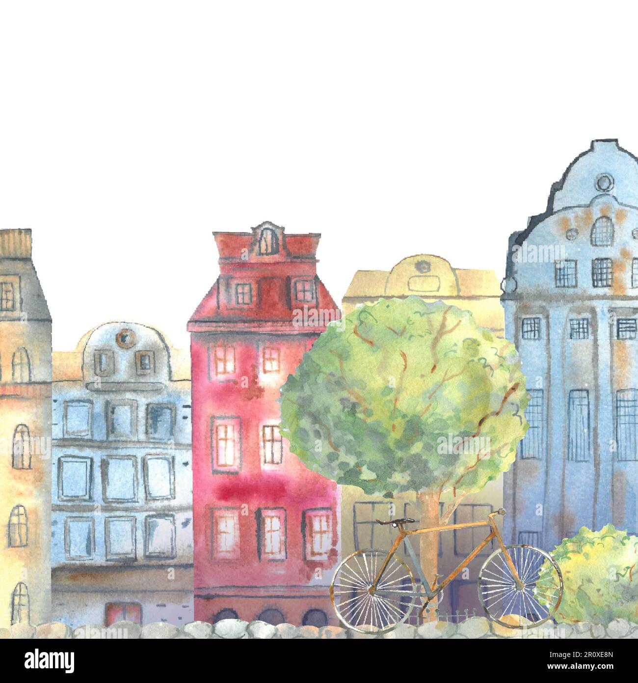 isolated illustration of a street in scandinavia drawn in watercolor ...