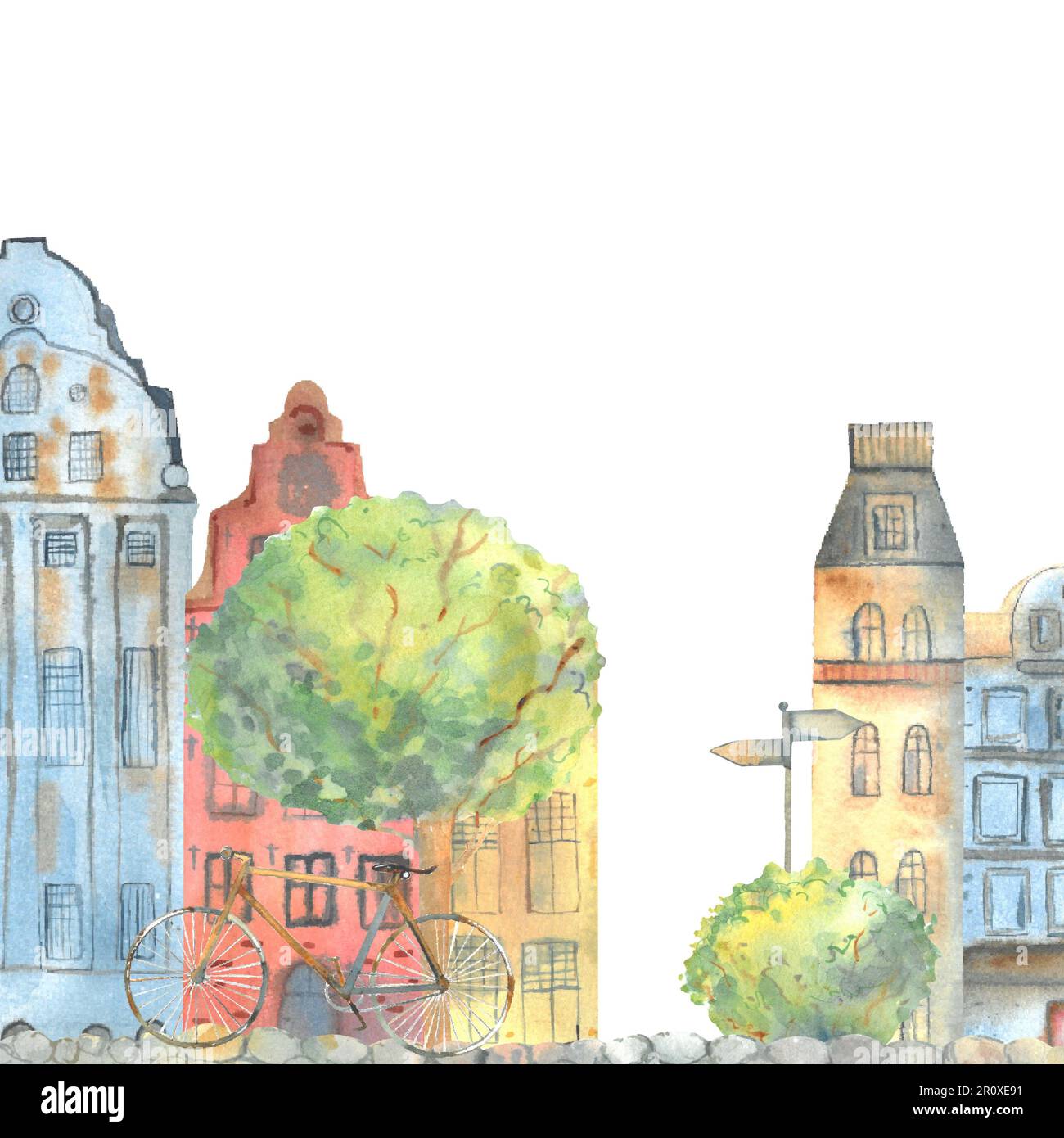 isolated illustration of a street in scandinavia drawn in watercolor ...