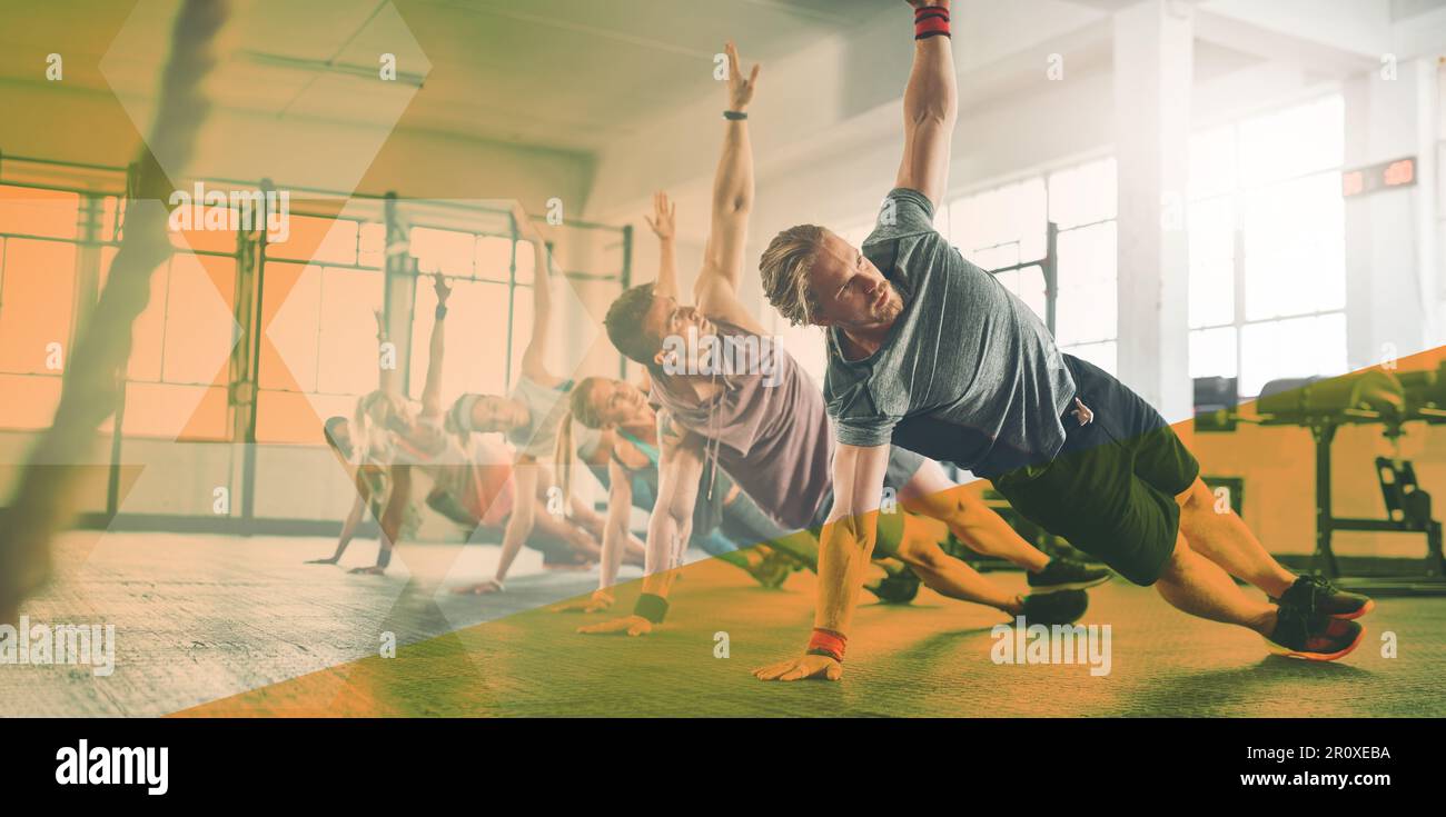 Side plank, fitness and group of people exercise, workout or training ...