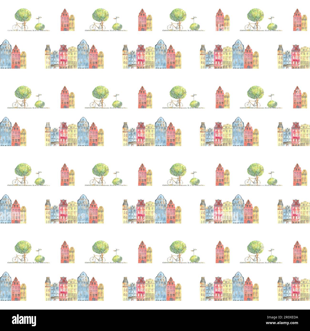 seamless watercolor pattern with houses, bikes and trees, bushes ...