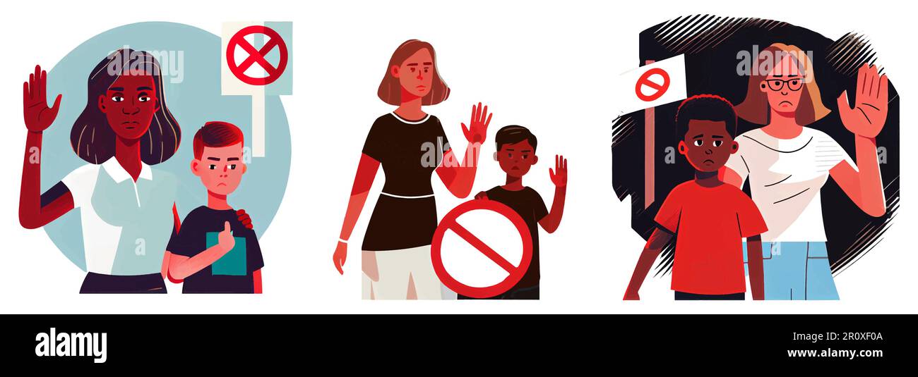 set vector illustration of woman and kid protest against violence ...