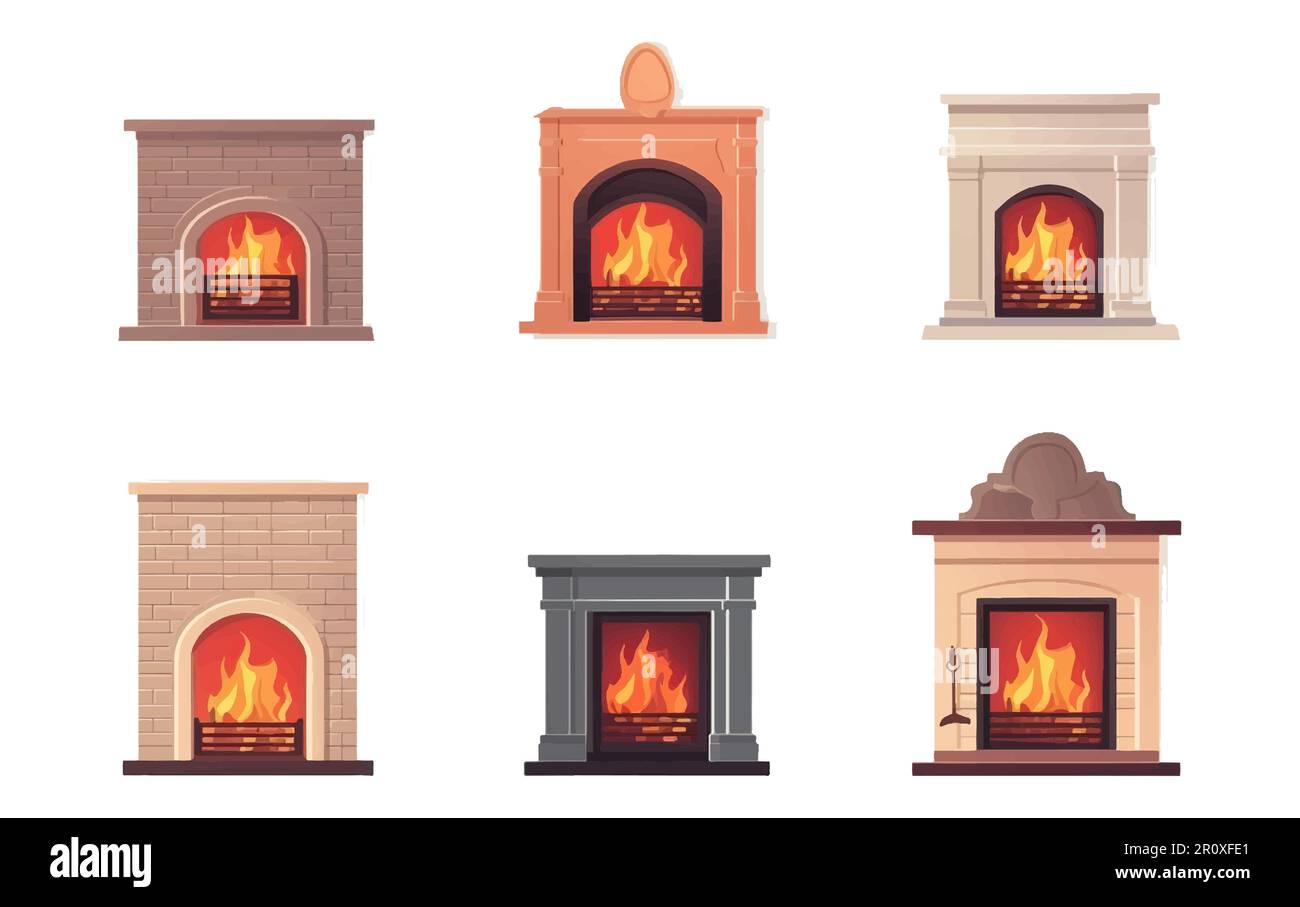 set vector illustration of fireplace with fire seasonal heating isolate ...