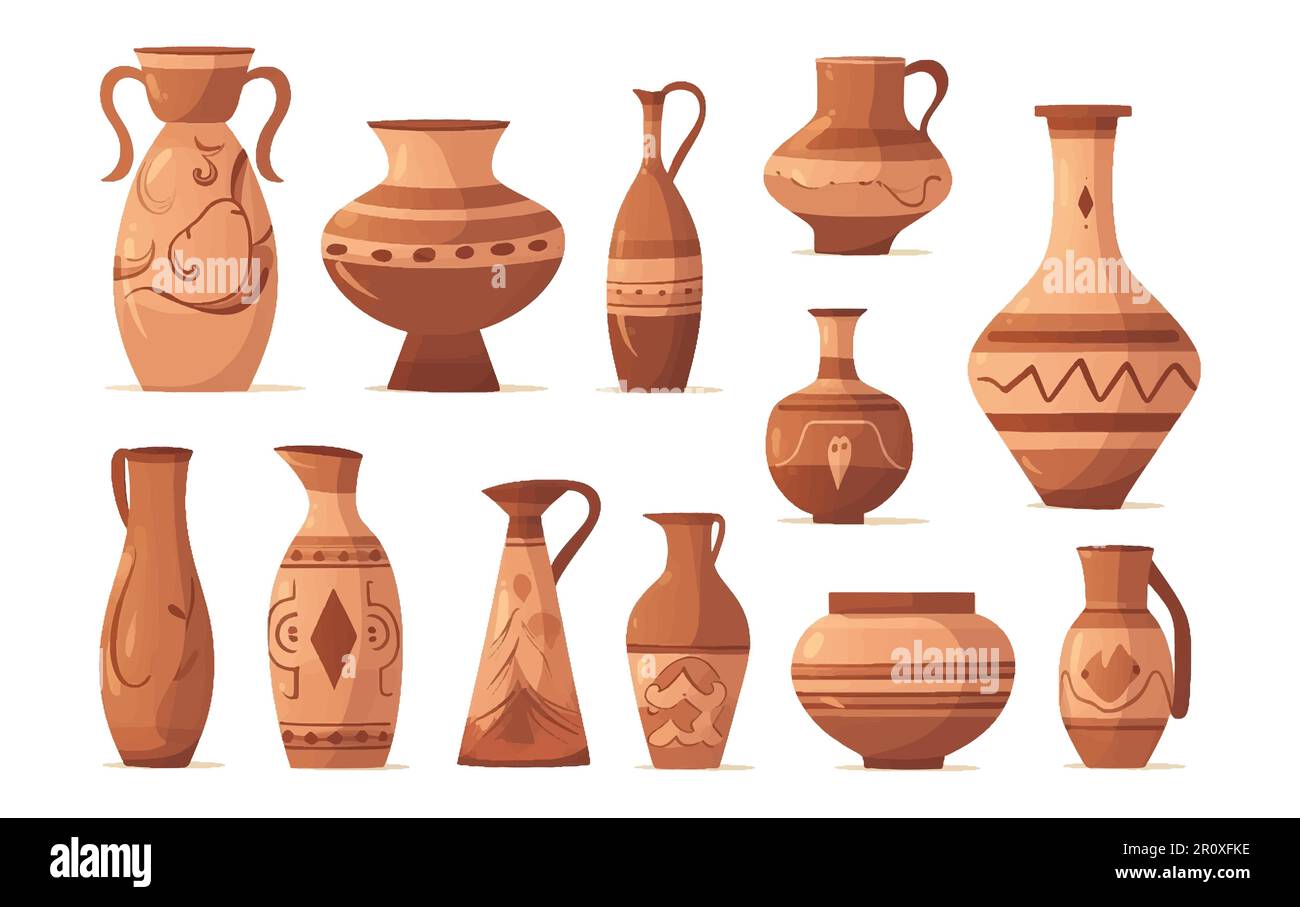 set vector illustration of ancient greek brown vase with wine or olive ...