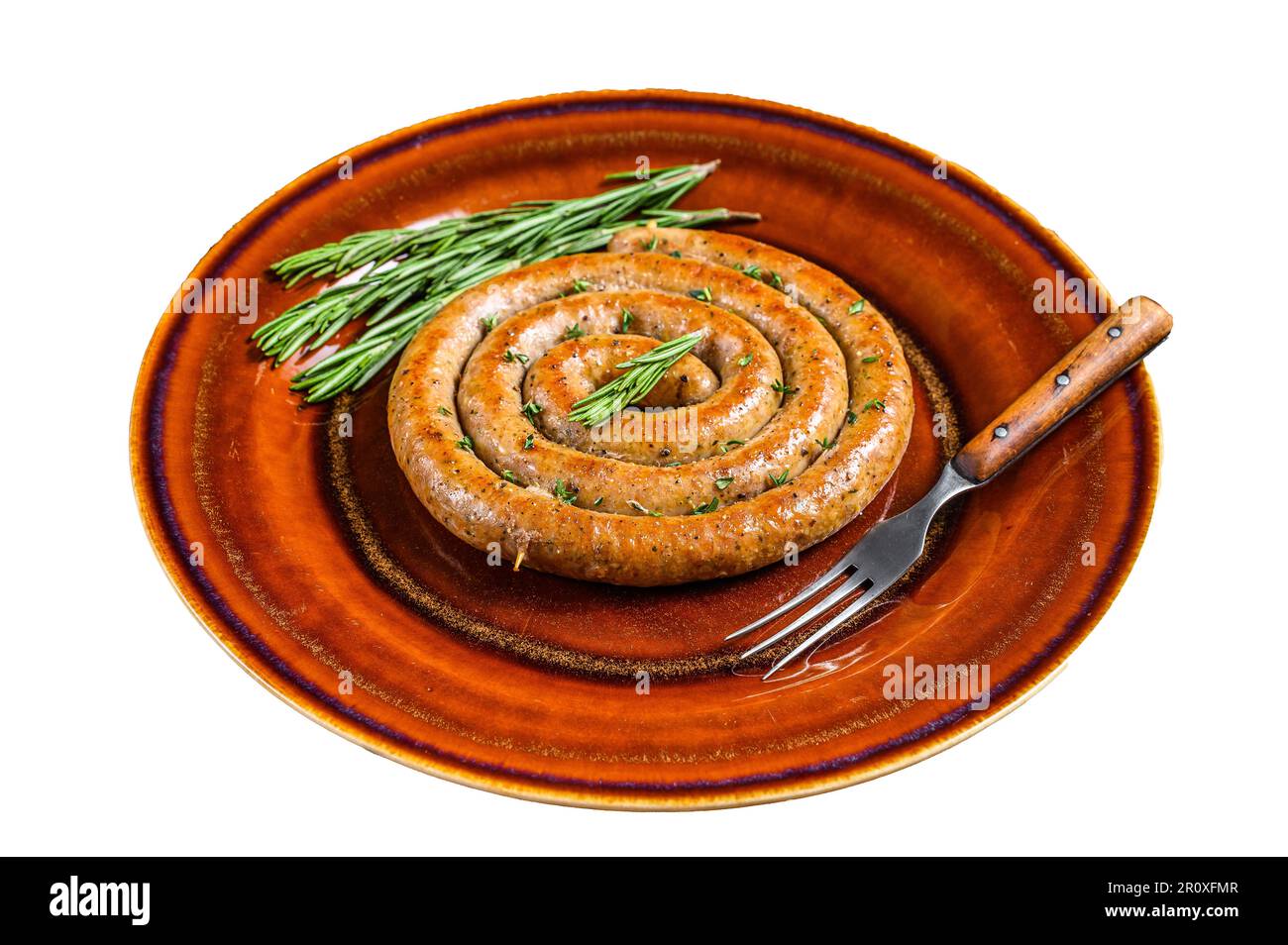 Grilled spiral sausage from pork and beef meat on a rustic plate ...