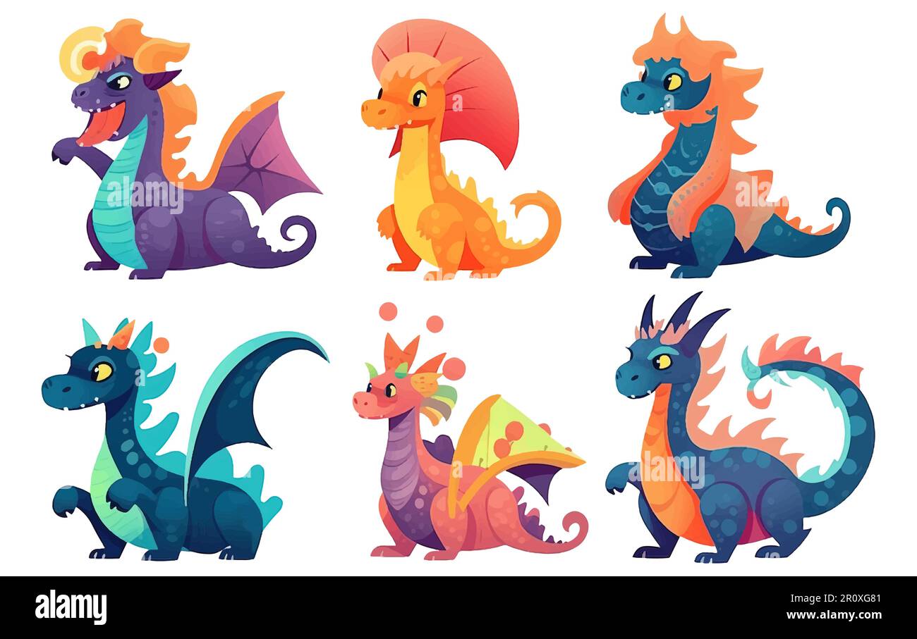 set vector illustration of colorful magic cute dragons isolate on white ...