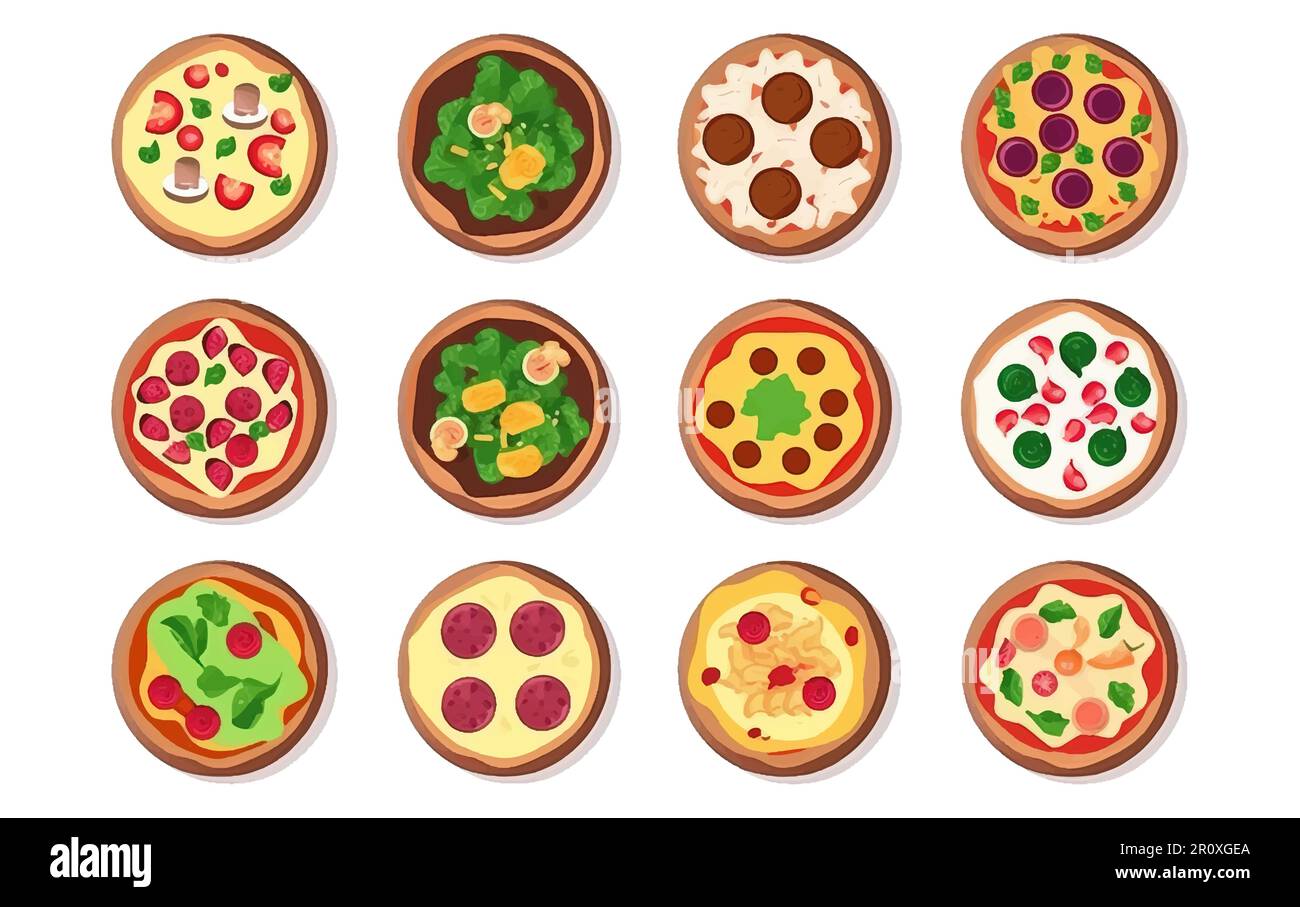 set vector illustration of pizza with appetizing filling isolate on ...