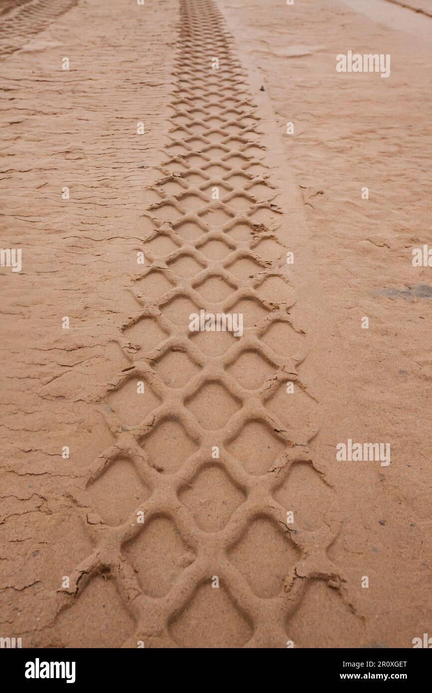 Wheel tyre tread print on sand subbase. Road construction Stock Photo ...