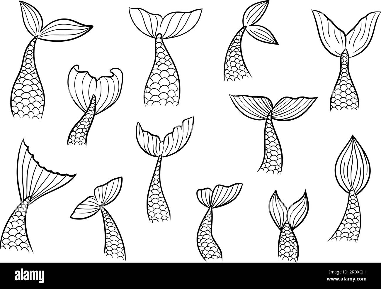 Mermaid tail cute vector icon set black contour marine tale girl ...