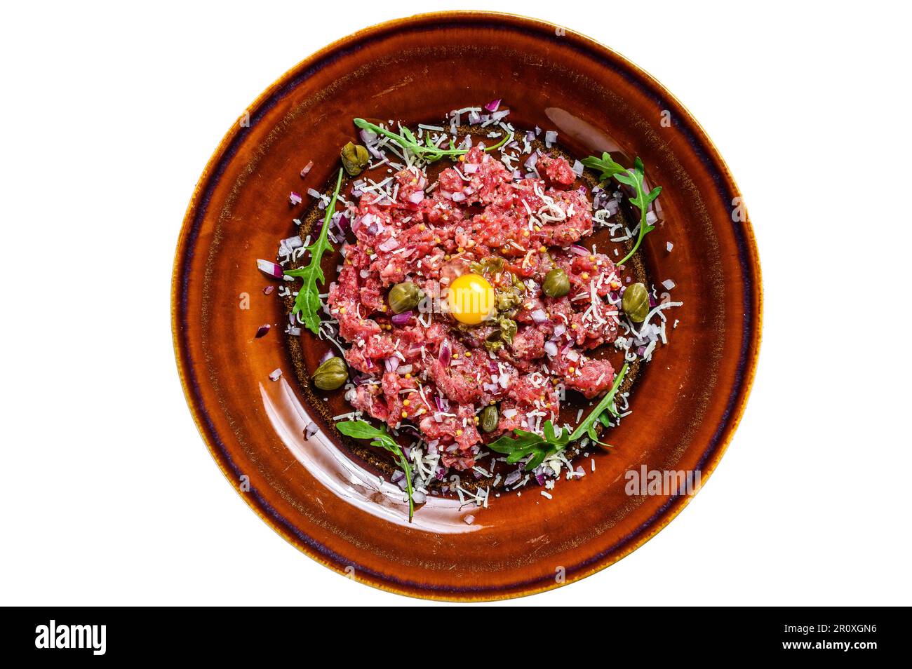 French cuisine Beef tartare with raw egg yolk. Isolated on white ...