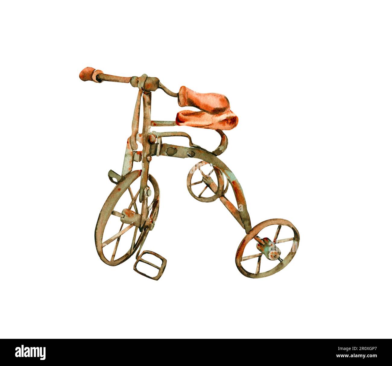 Watercolor illustration of old rusty green bicycle. An old rusty enamel ...