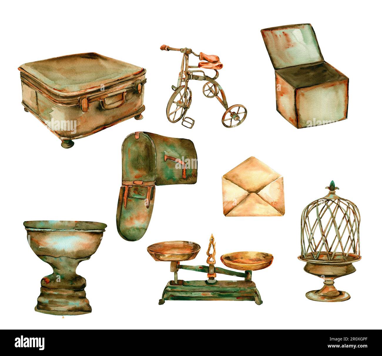 Watercolor illustration of old rusty green elements. An old rusty ...