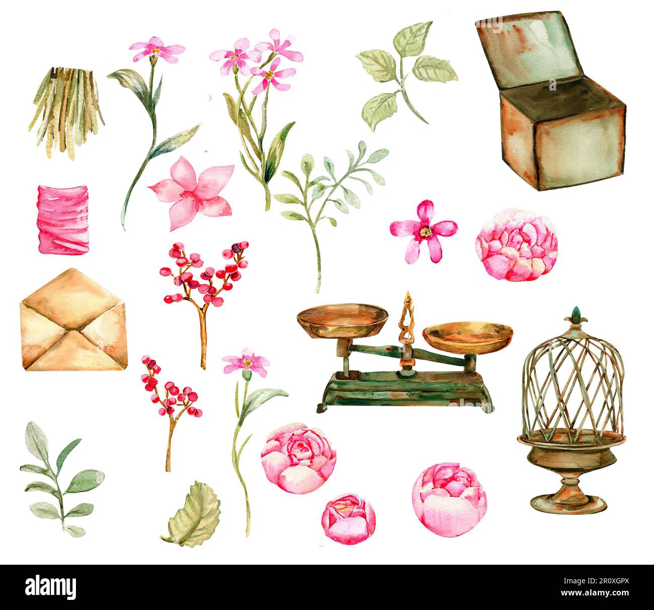 Watercolor illustration of old rusty green elements with pink roses An ...