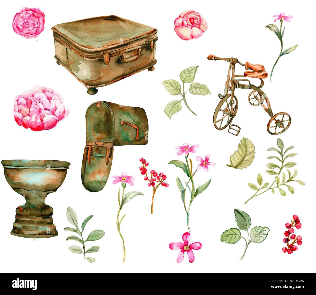Watercolor illustration of old rusty green elements with pink roses An ...