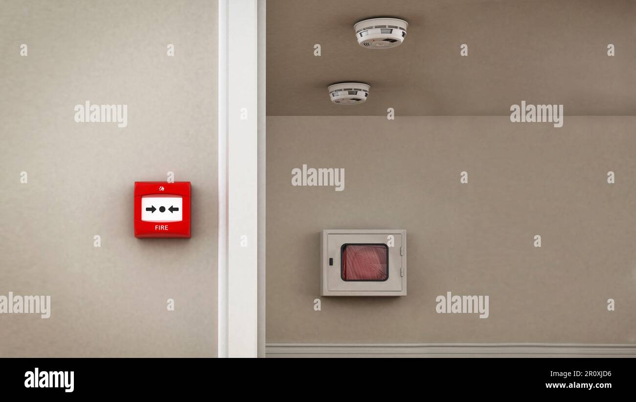 Fire button, smoke detectors and hose on the wall. 3D illustration ...