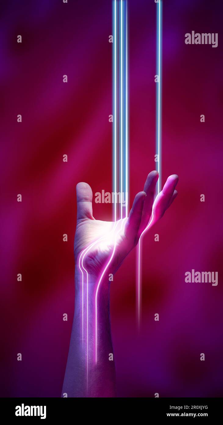 Portrait with neon rays, light shining through the human hand over ...