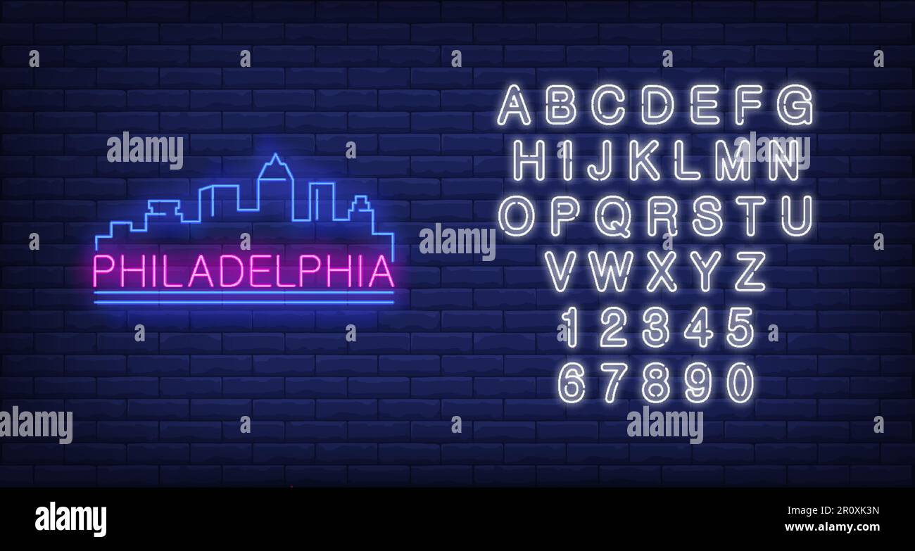 Philadelphia neon lettering and city buildings silhouette Stock Vector ...