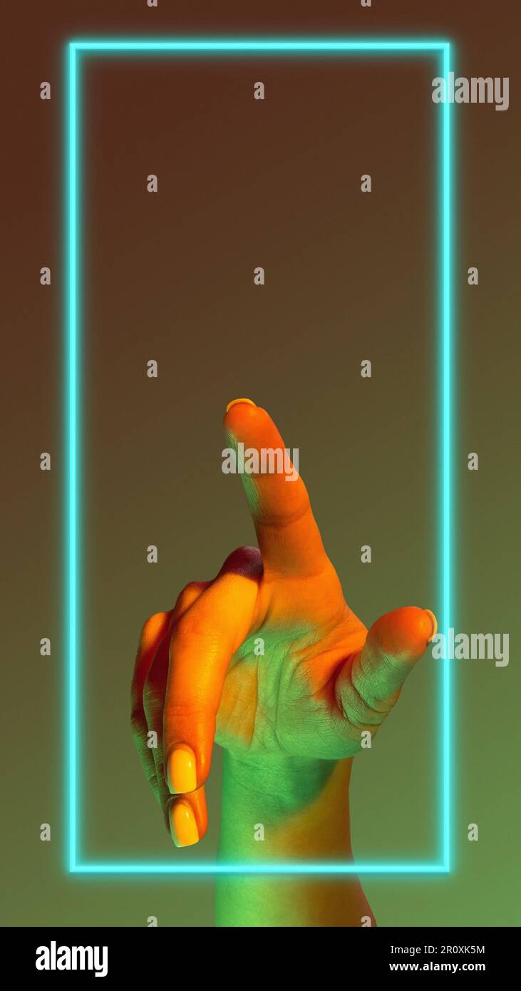 Human hand interacting in motion with geometric glowing figure, empty ...