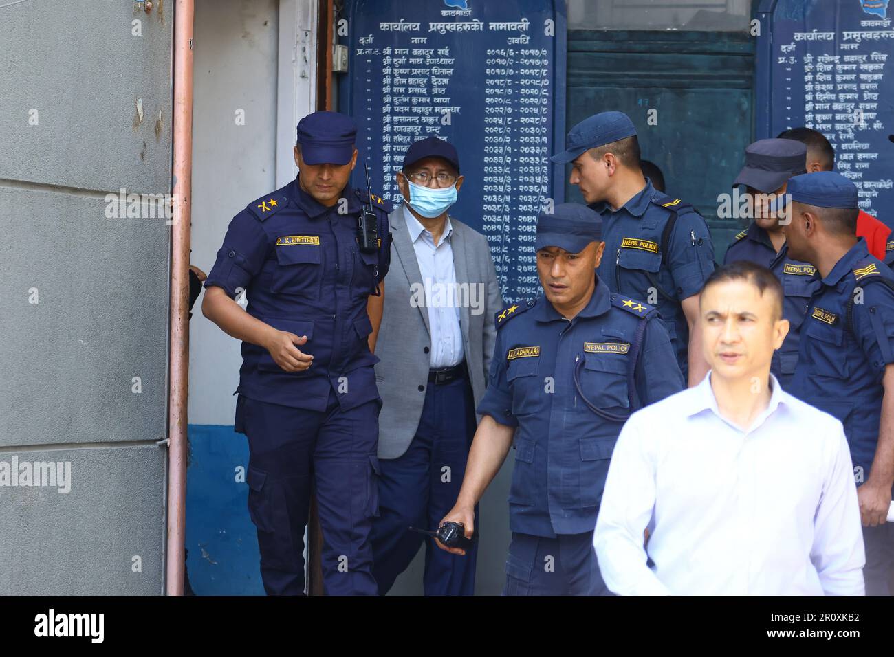 Kathmandu, NE, Nepal. 10th May, 2023. Former Home Minister Bal Krishna Khand walks outside the ...