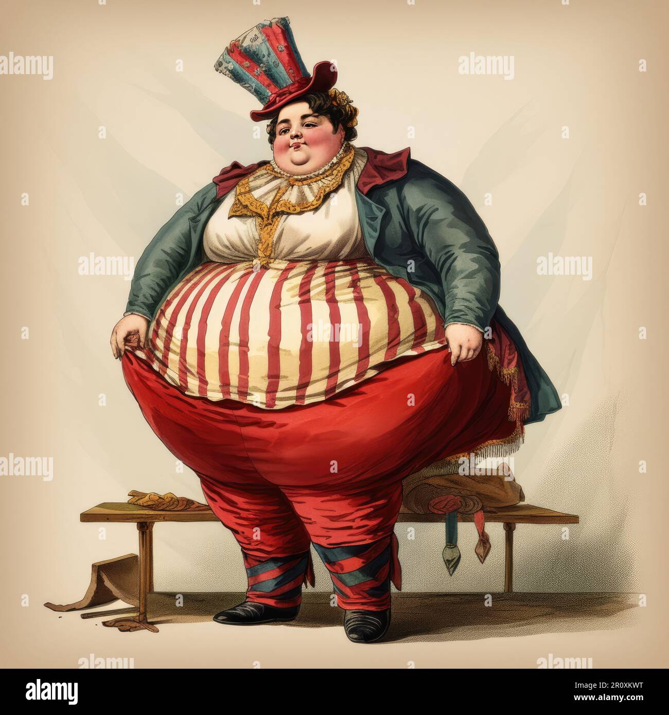 This oil painting depicts a vintage circus performer with a striking ...