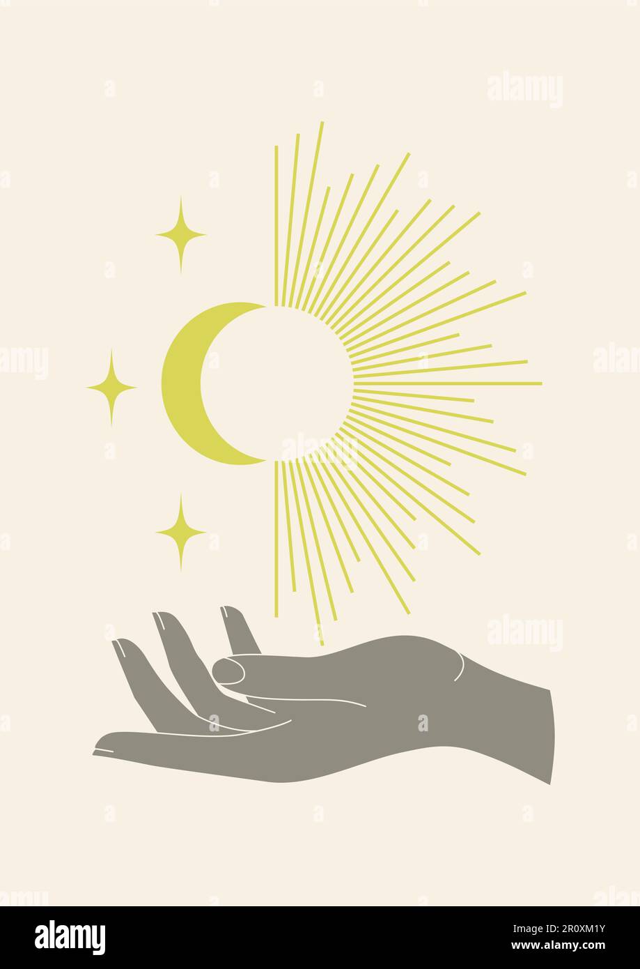 Hand holding sun and moon print illustration. Tarot card Stock Vector ...