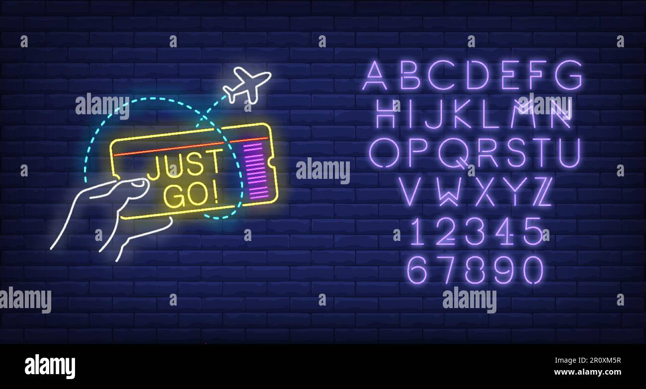 Just Go neon lettering and hand holding flight ticket Stock Vector ...