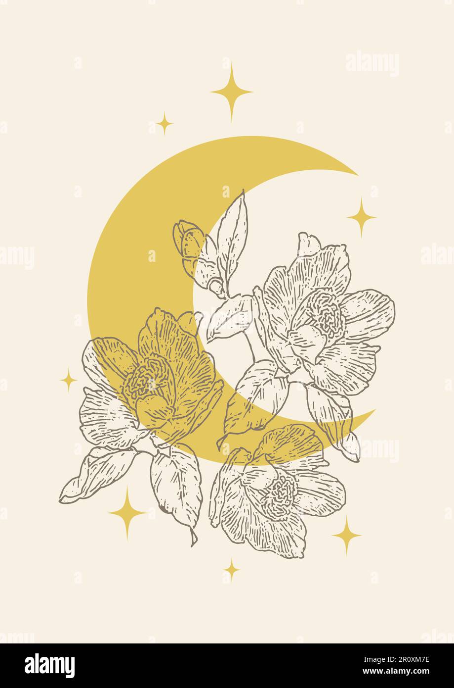 Crescent moon with peony flowers and stars illustration poster Stock ...