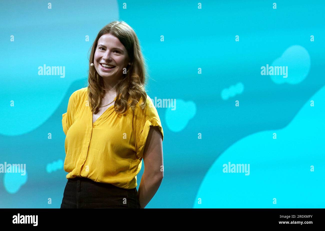 Hamburg, Germany. 10th May, 2023. Luisa Neubauer, climate activist, stands on stage at the OMR ...