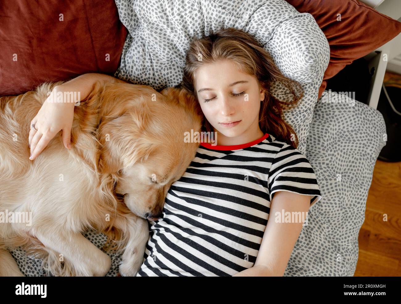 Pretty girl hugging golden retriever dog and sleeping in bed. Female ...