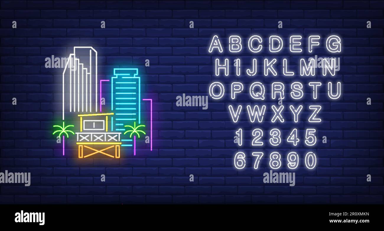 Miami city skyscrapers and lifeguard station neon sign Stock Vector ...