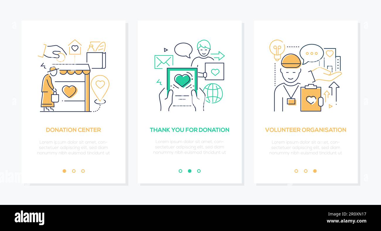 Donation center and volunteering - line design style banners set Stock ...