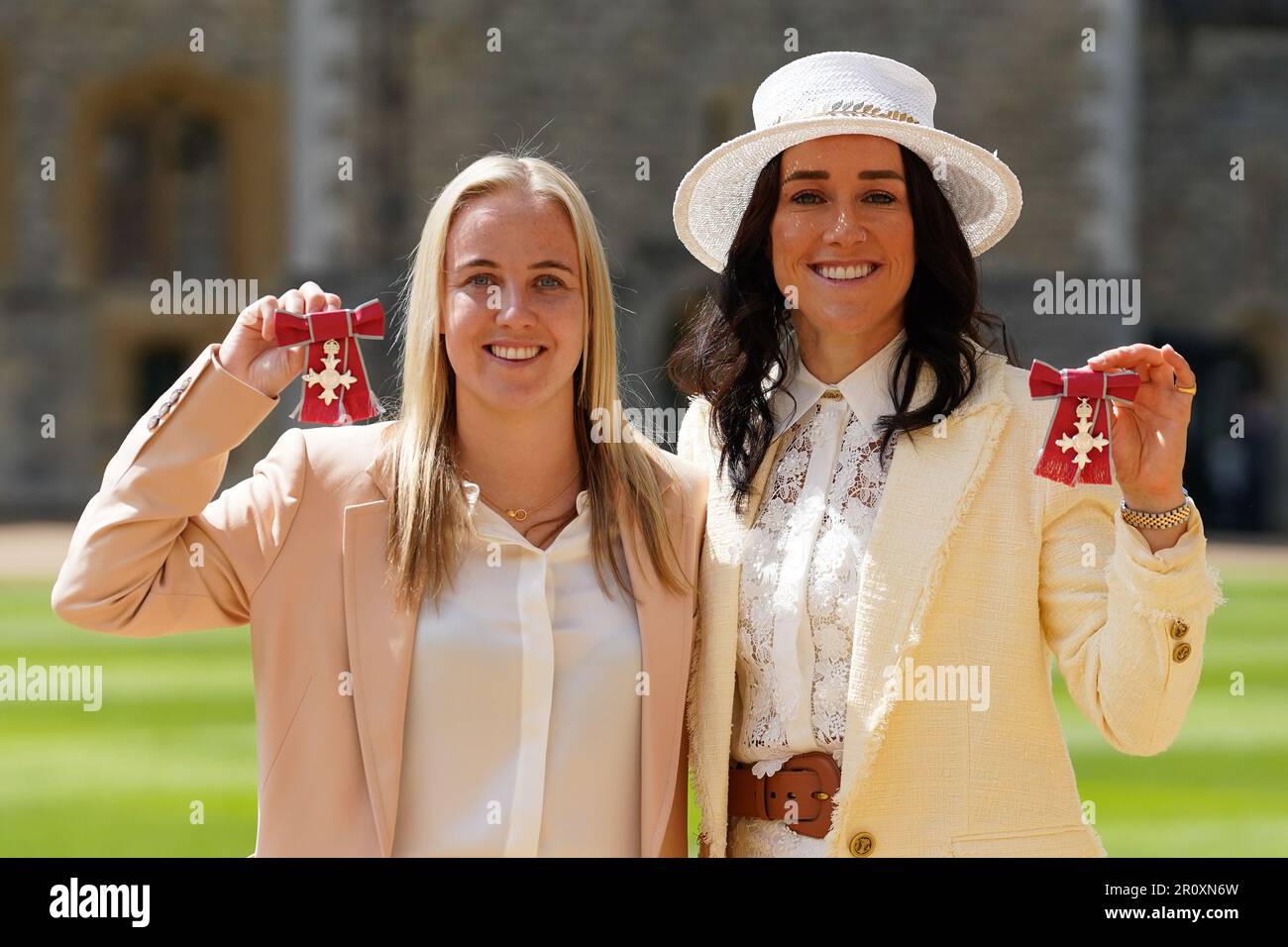 Beth Mead (left) and Lucy Bronze after being made Members of the Order of the British Empire ...