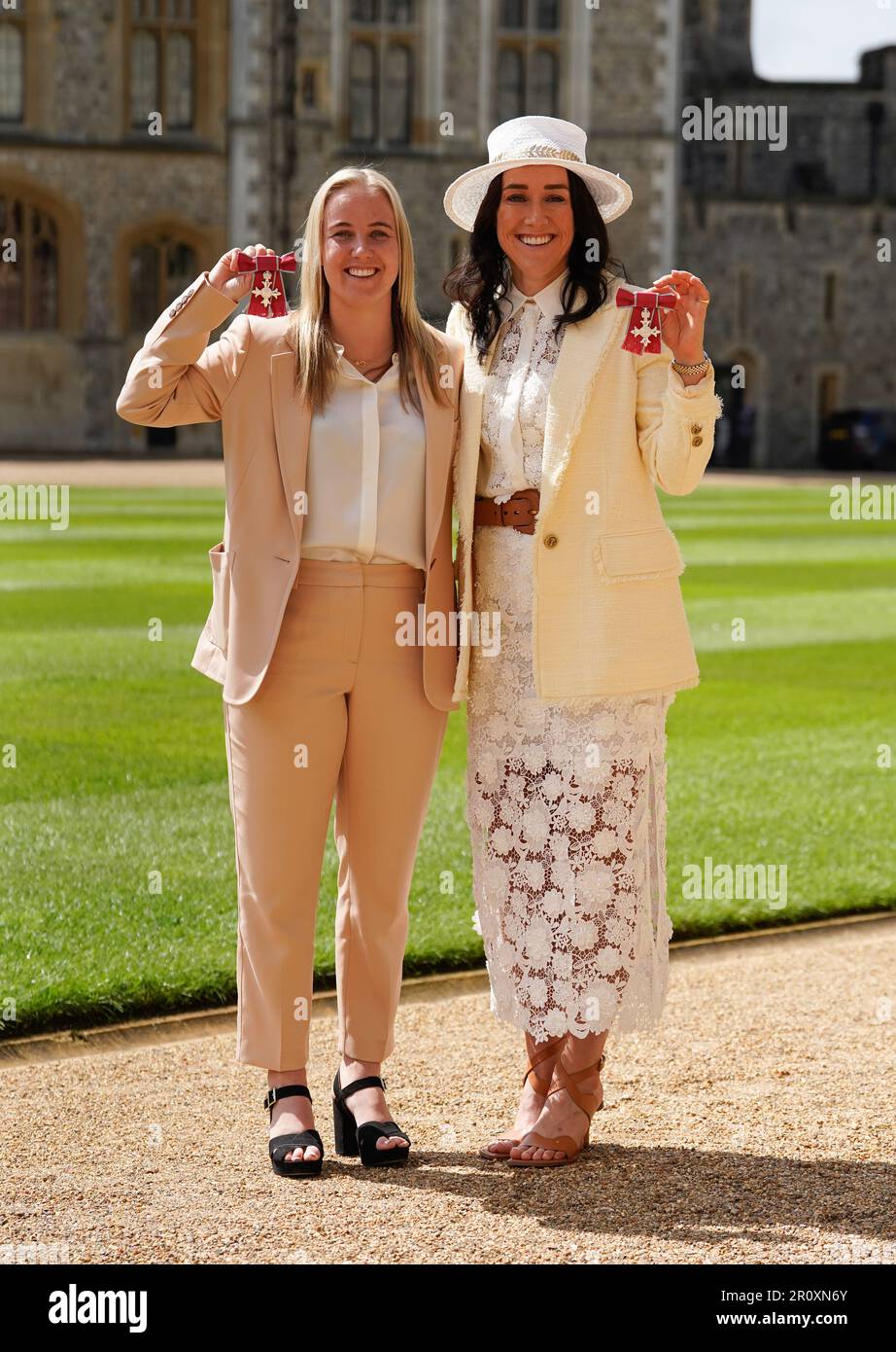 Beth Mead (left) and Lucy Bronze after being made Members of the Order ...