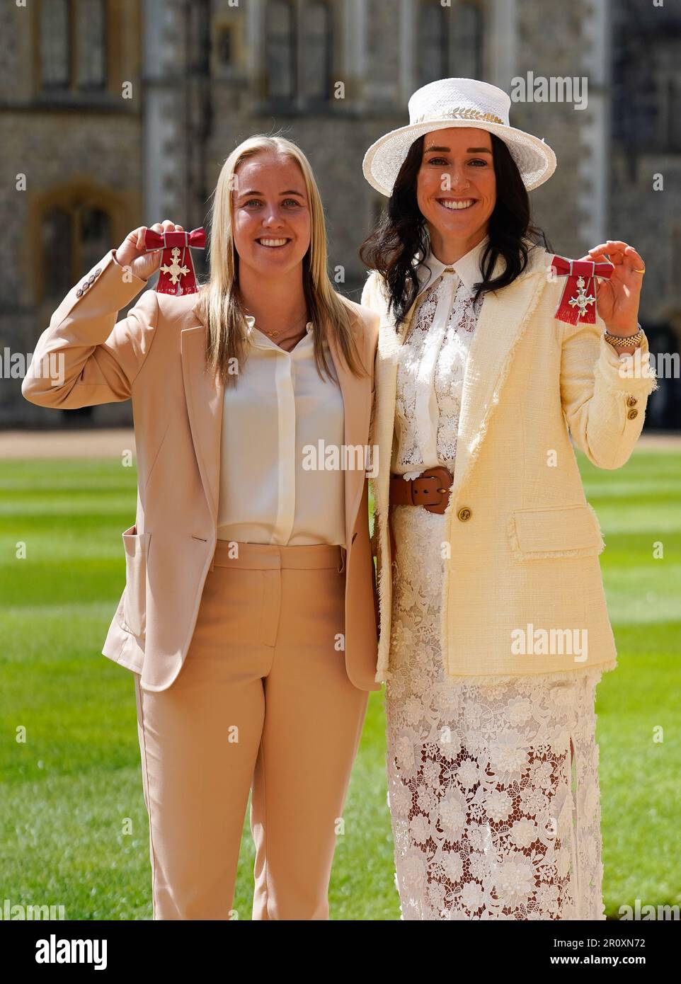 Beth Mead (left) and Lucy Bronze after being made Members of the Order of the British Empire ...