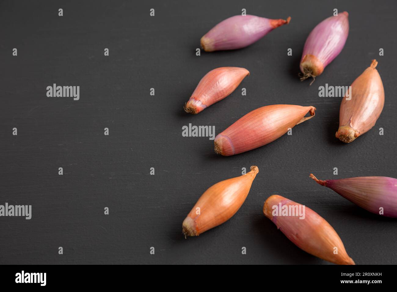 Raw Organic Shallots on a Black surface, side view. Space for text ...