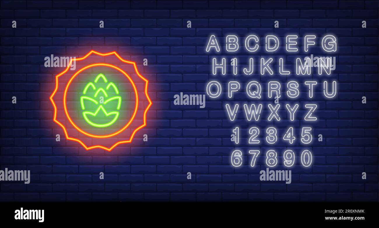 Hop emblem on brick background. Neon style illustration Stock Vector ...