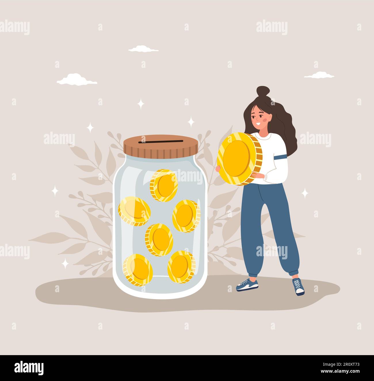 Donation money concept. Cute woman with glass jar full of gold coins ...